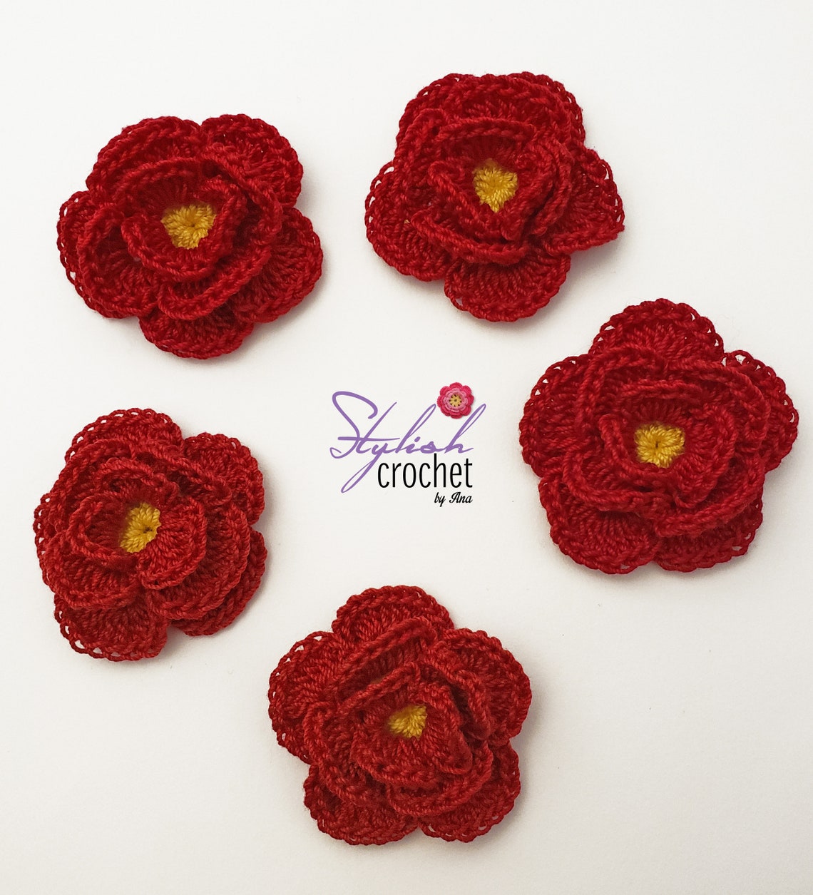 Set of 5 Red Crochet Flowers, Flower Appliques for Card Making, Jewelry ...