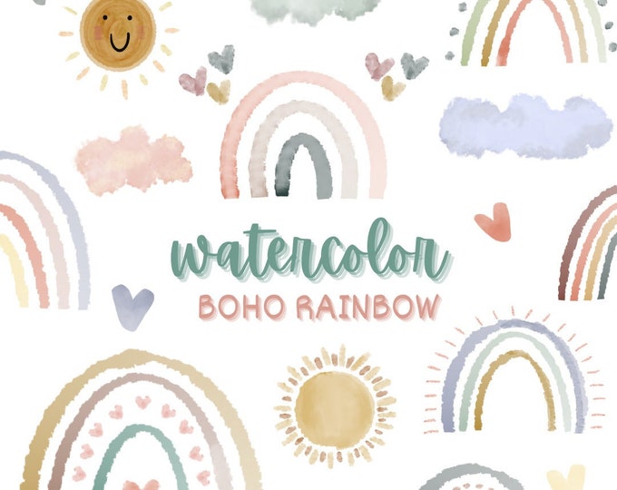 Boho Rainbow Clipart, Retro Groovy Clipart, Weather Clipart, Boho ...