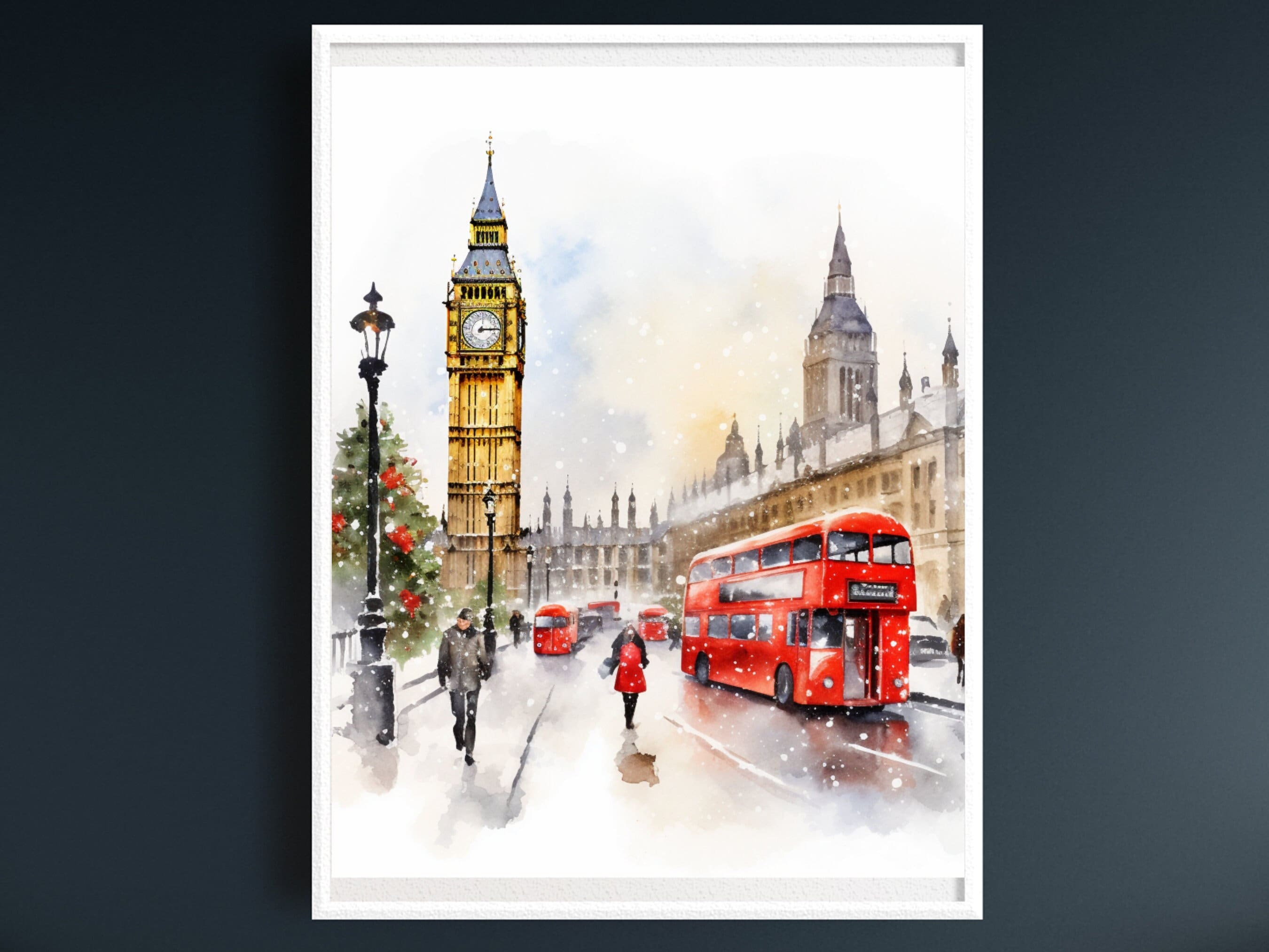 Watercolor London Winter Wall Art Print, London Red Bus, Christmas ...
