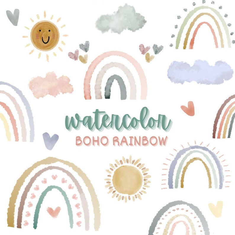 Watercolor Boho Rainbow Clipart, Nursery , Baby Shower Clipart, Rainbow ...