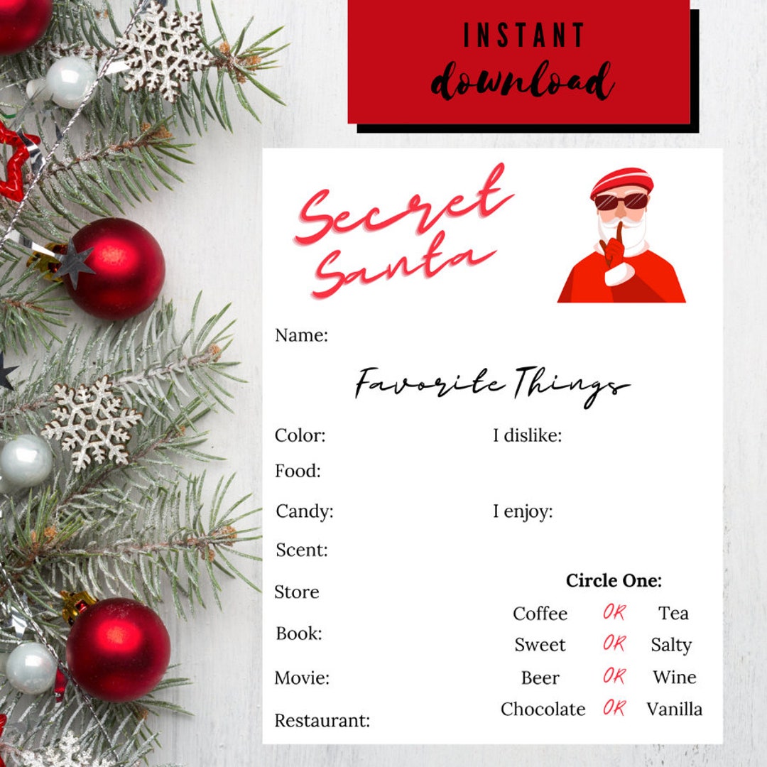 Printable Secret Santa Questionnaire, Adult Secret Santa, Holiday Gift ...
