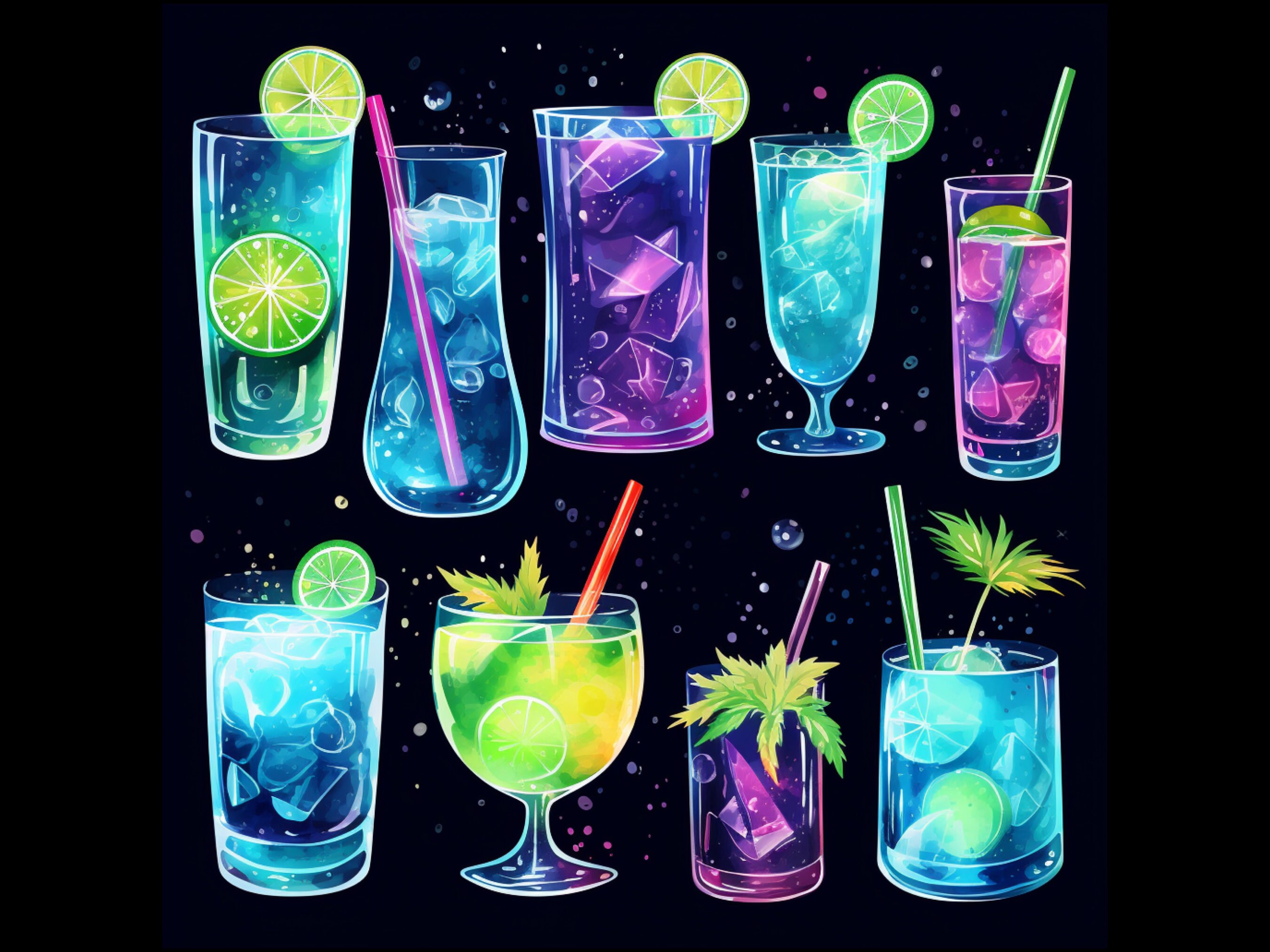 Neon Cocktails Watercolor Clipart Cosmic Clipart Neon - Etsy