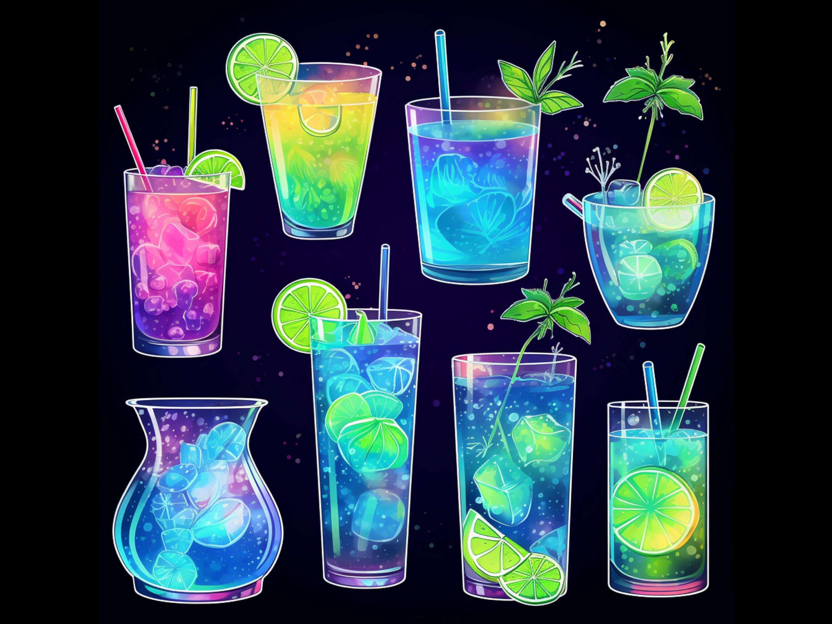 Neon Cocktails Watercolor Clipart Cosmic Clipart Neon - Etsy