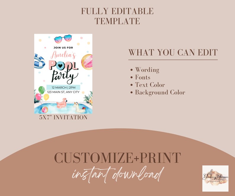Pool Party Invitation Template INSTANT DOWNLOAD Editable - Etsy