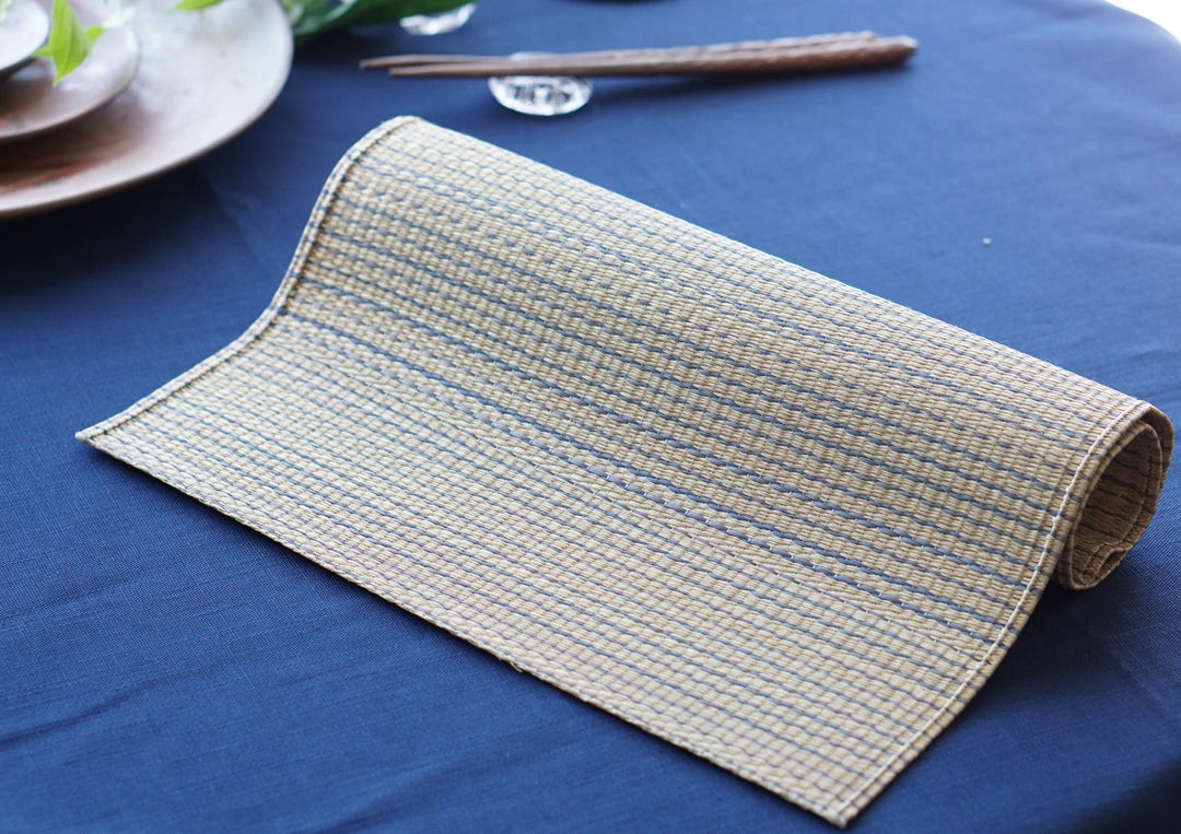 8 Set of Japanese Placemats, Igusa, Rush Grass, Vintage Border Blue ...