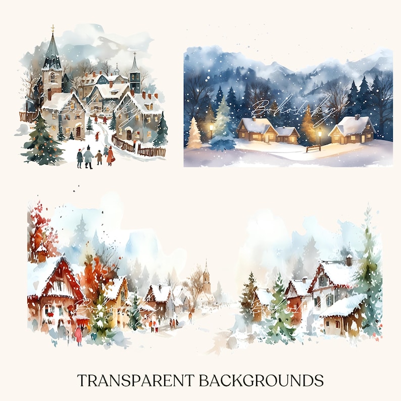 Watercolor Winter Village Scenes Clipart Bundle, Winter Clipart ...