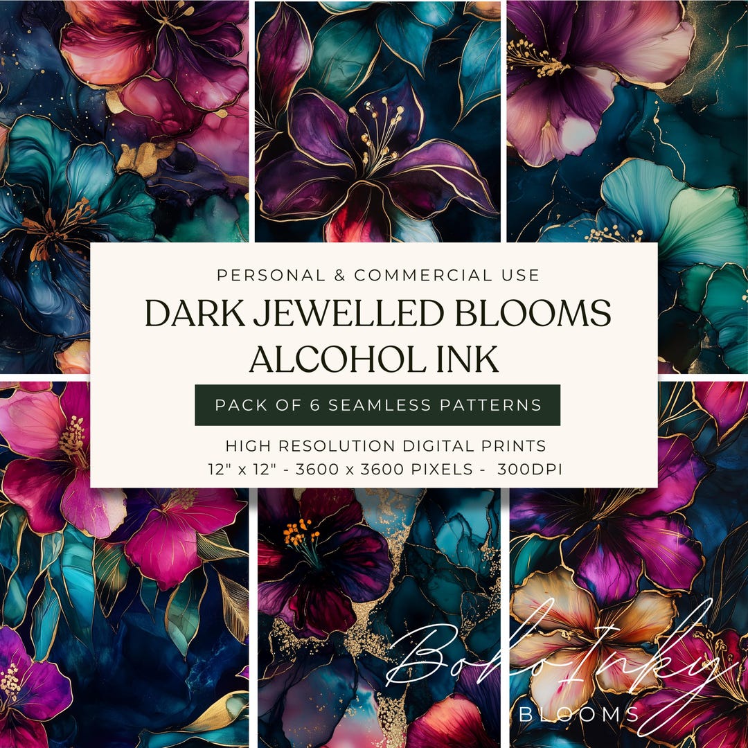 Alcohol Ink Dark Jewelled Blooms Seamless Pattern Bundle Digital ...