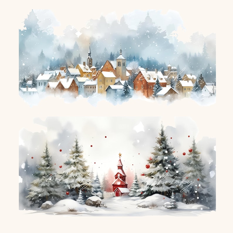 Watercolor Winter Village Scenes Clipart Bundle, Winter Clipart ...