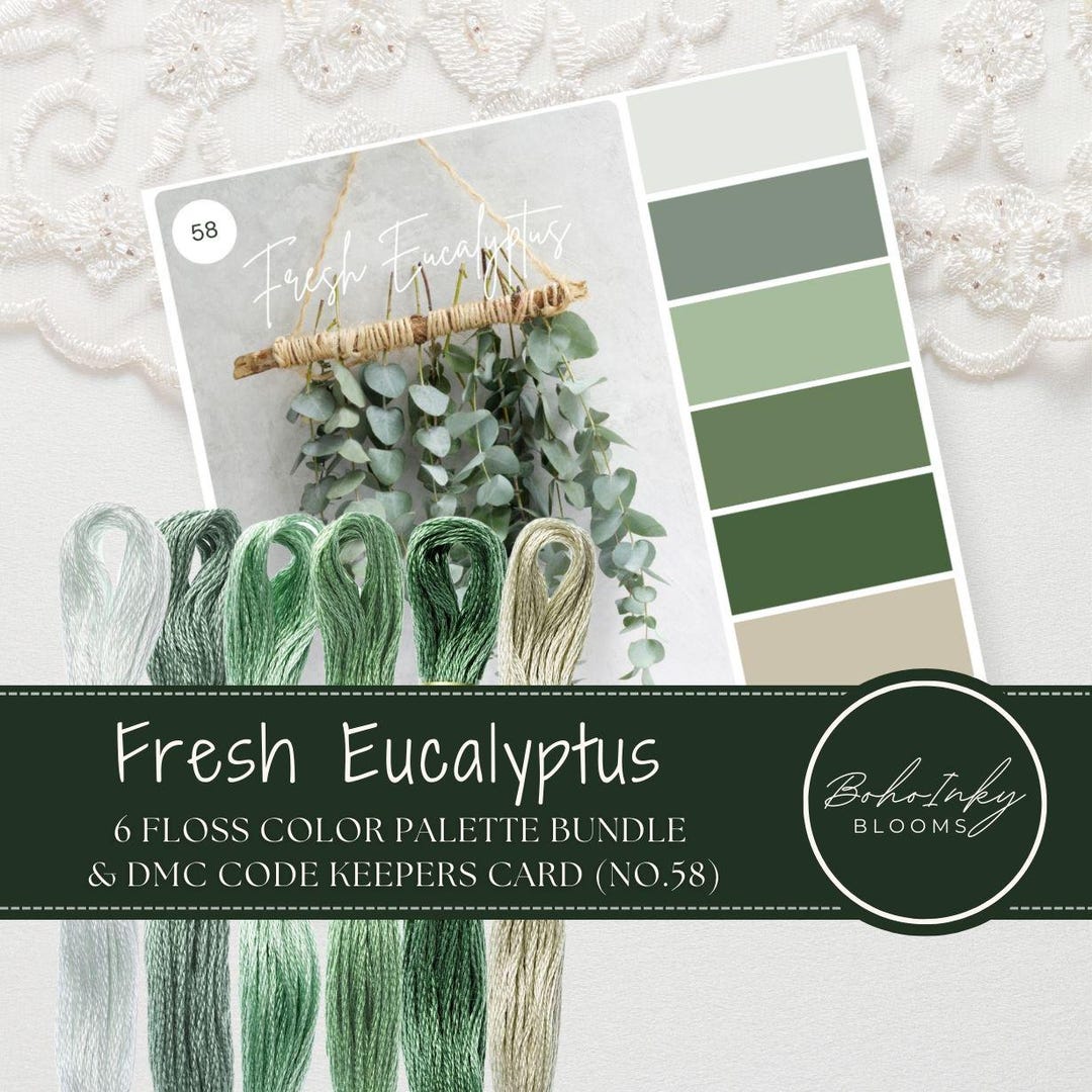 Embroidery Threads Color Palette Pack Fresh Eucalyptus (58) 6 Skeins Embroidery Floss, Use DMC ...