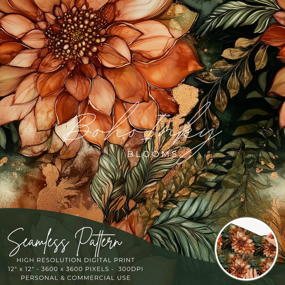 Amber Dahlias and Ferns Alcohol Ink Oil Seamless Pattern Digital ...