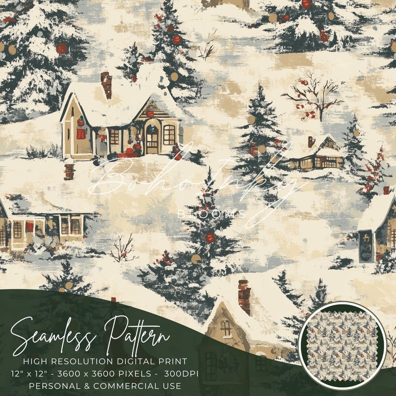 Nostalgic Christmas Village Seamless Pattern Digital, Seamless Print ...