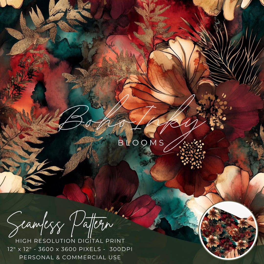 Amber Blooms and Ferns Alcohol Ink Flower Seamless Pattern Digital ...