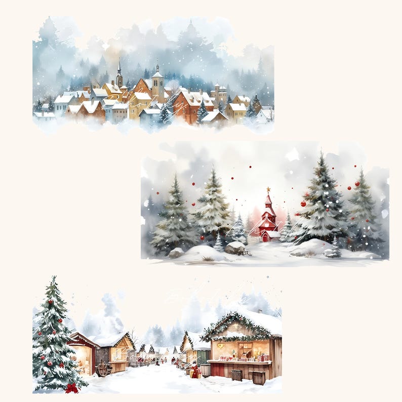 Watercolor Winter Village Scenes Clipart Bundle, Winter Clipart ...