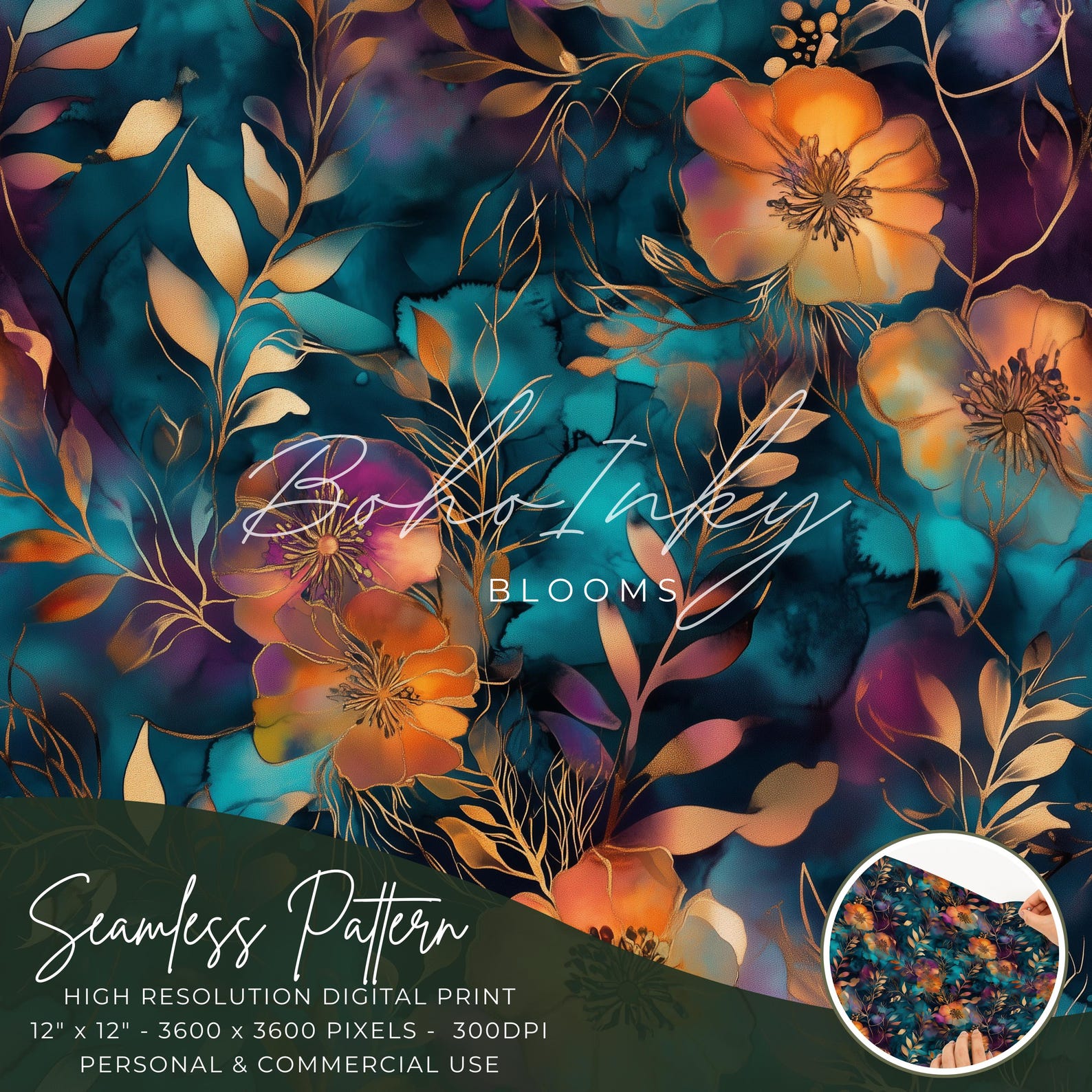 Alcohol Ink Glowing Wildflower Leaf Seamless Pattern Digital, Seamless ...