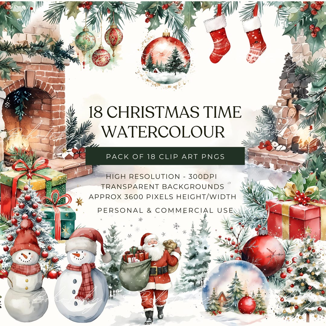 Watercolor Christmas Time Clipart Bundle, Christmas Clipart, Festive ...