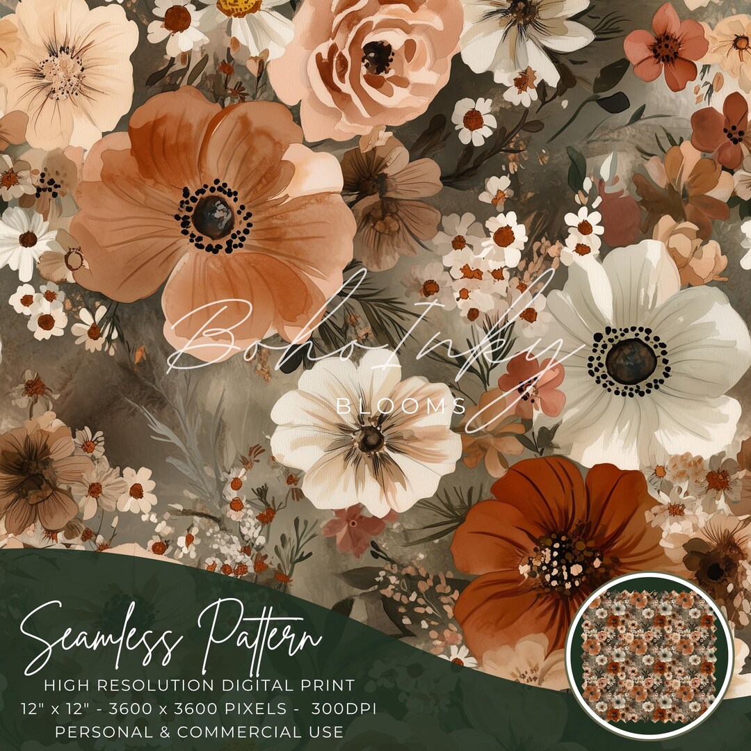 Rustic Boho Wildflowers Seamless Pattern Digital, Seamless Print ...