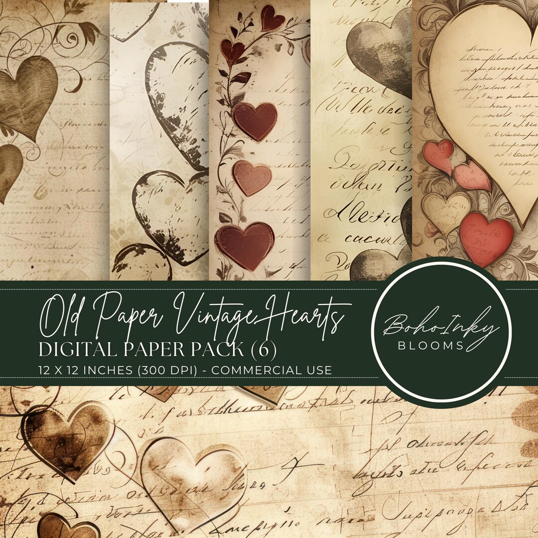 Old Paper Vintage Hearts Digital Paper | Heart Digital Paper ...