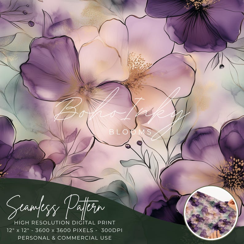 Muted Plum Flowers Alcohol Ink Seamless Pattern Digital, Seamless Print ...