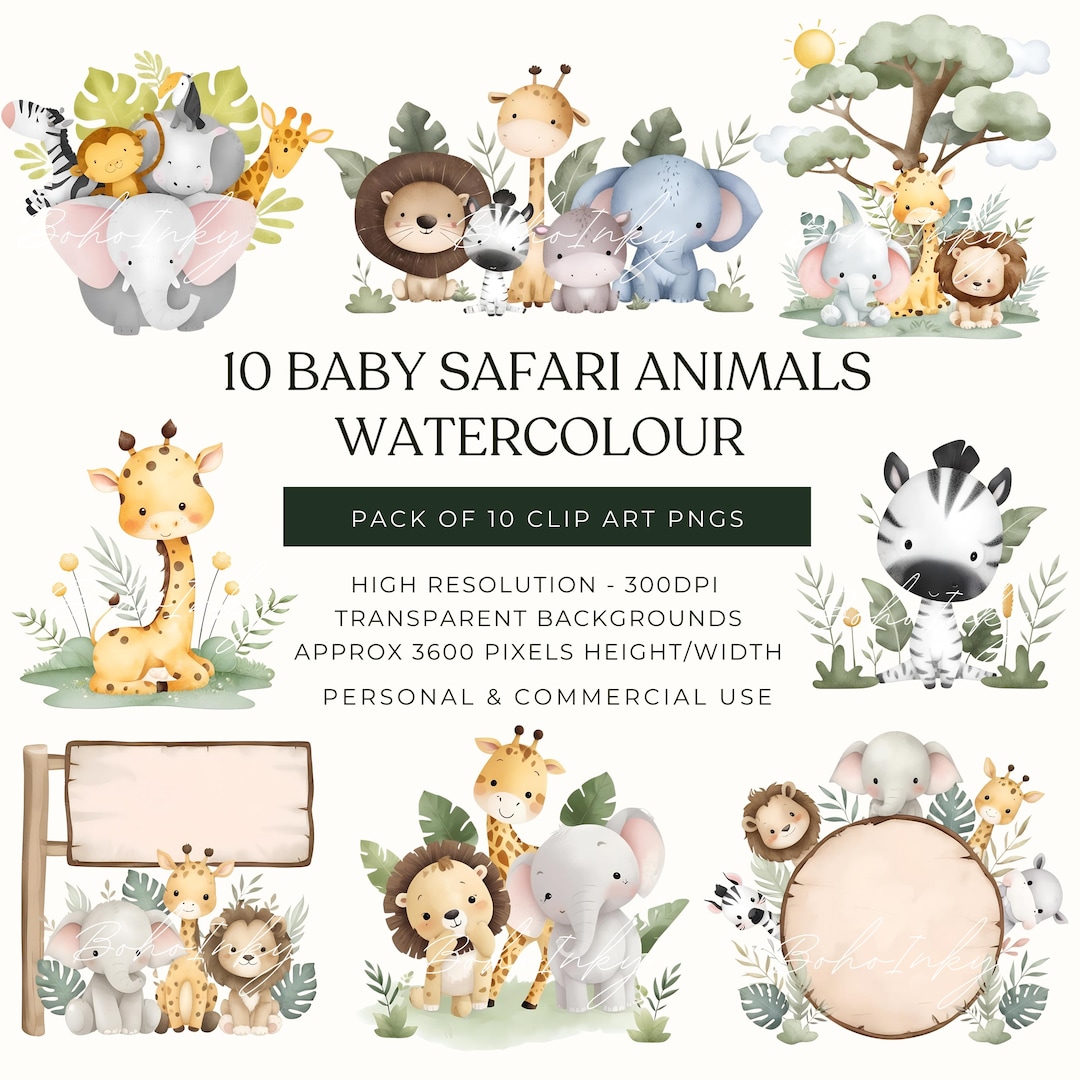 Watercolor Baby Safari Animals Clipart Bundle, Cute Animals Clipart ...