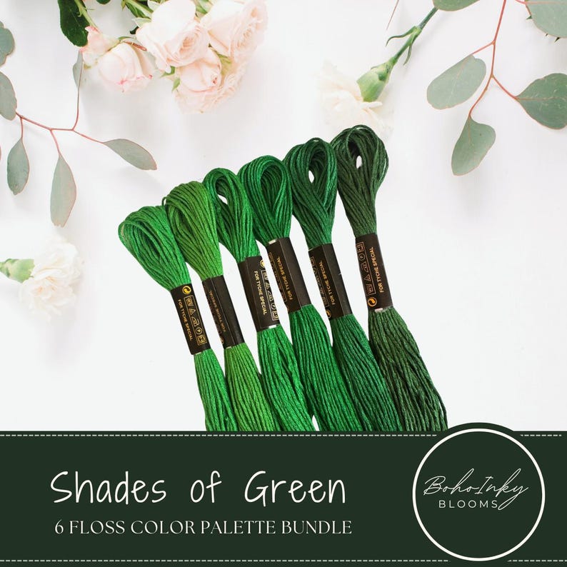 Shades of Green Embroidery Threads Color Palette Pack (71) 6 Skeins ...