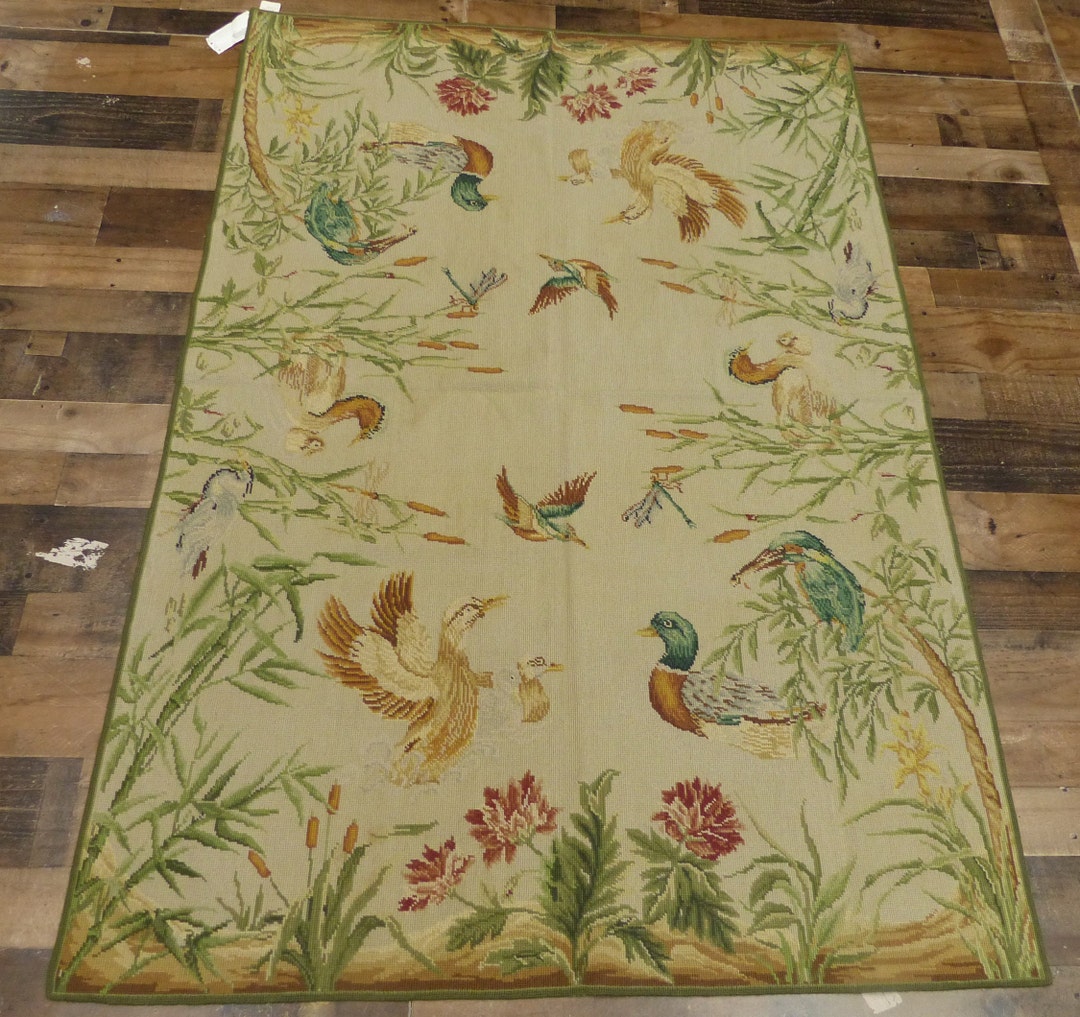 4'x6' New Stunning French Ducks Birds Ferns Tropical Hand Knotted Wool ...
