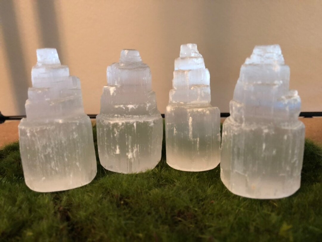 Set of 4 Selenite Towers, .5lb Set Carved Selenite Towers, Room ...