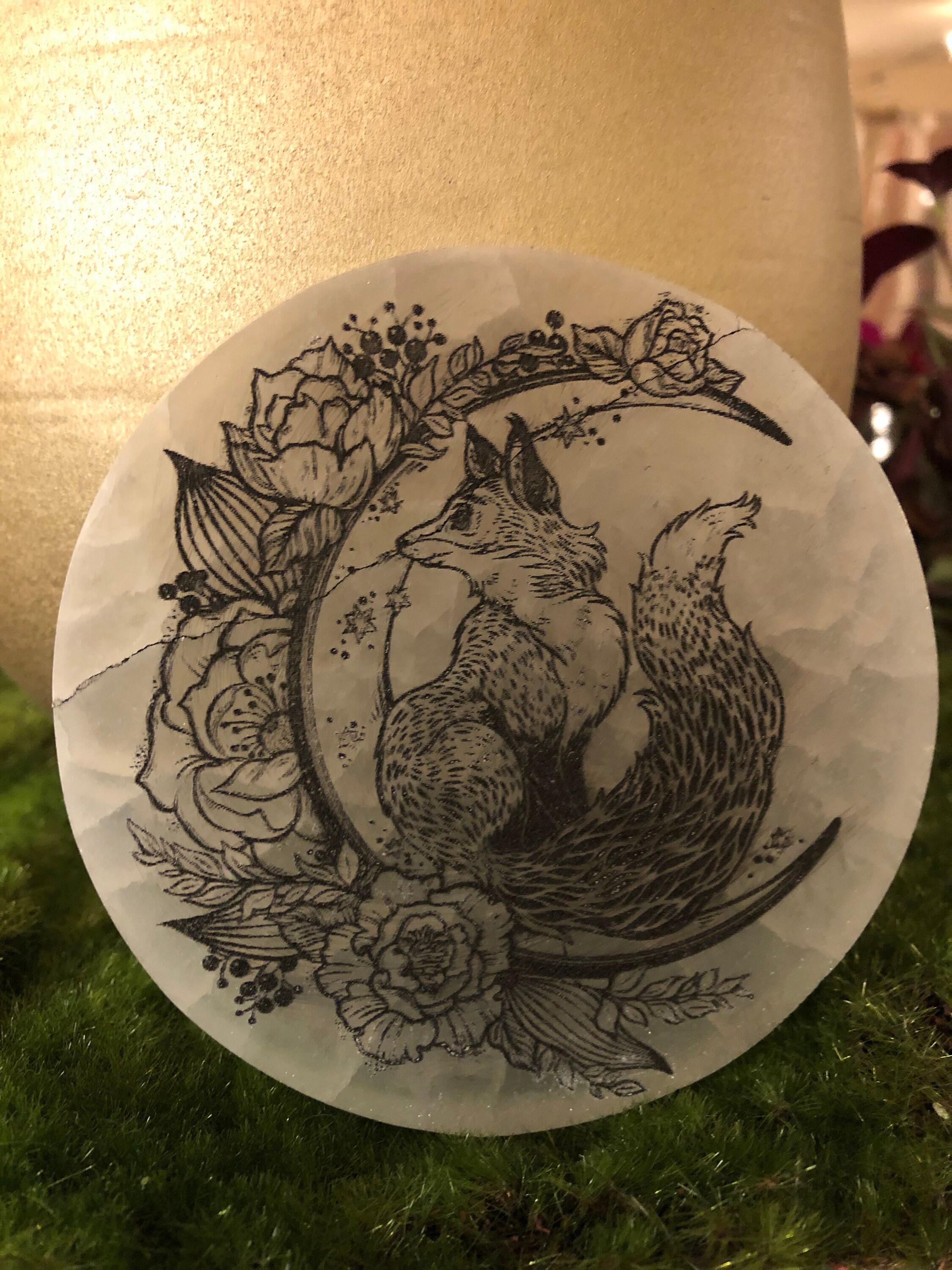 Fox on Moon With Flowers Etched Selenite Charging Plate | Etsy