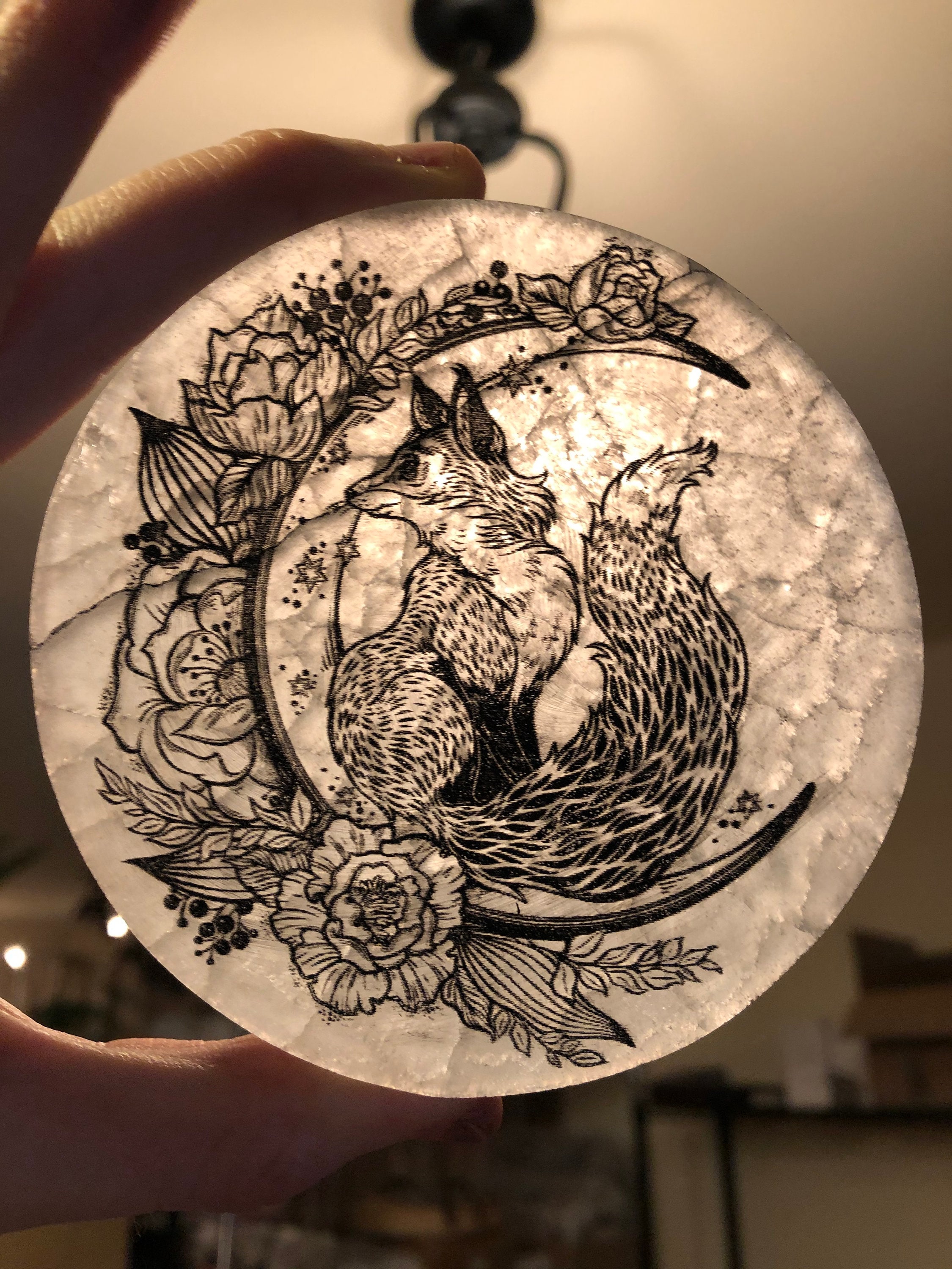 Fox on Moon With Flowers Etched Selenite Charging Plate | Etsy