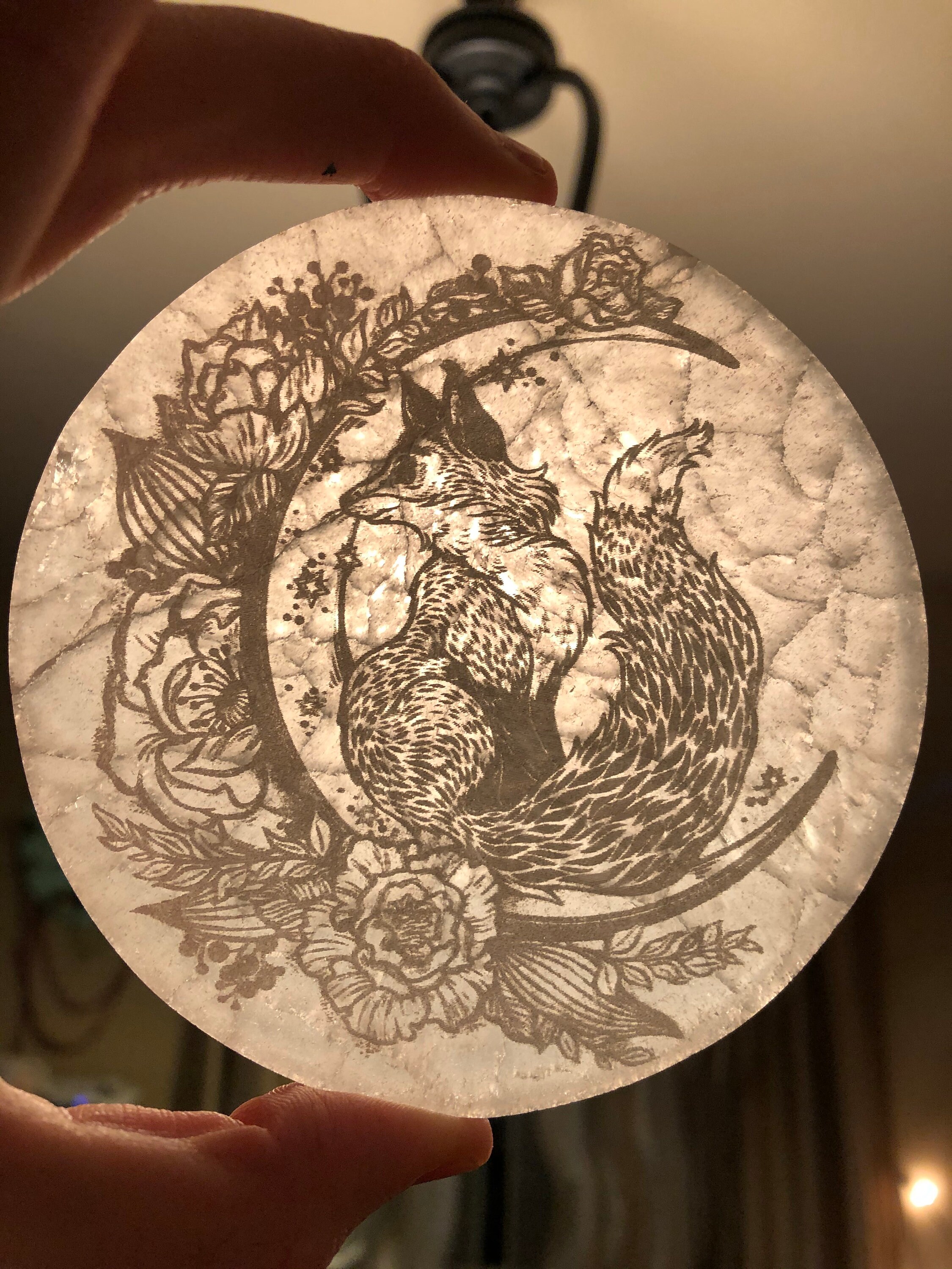 Fox on Moon With Flowers Etched Selenite Charging Plate - Etsy
