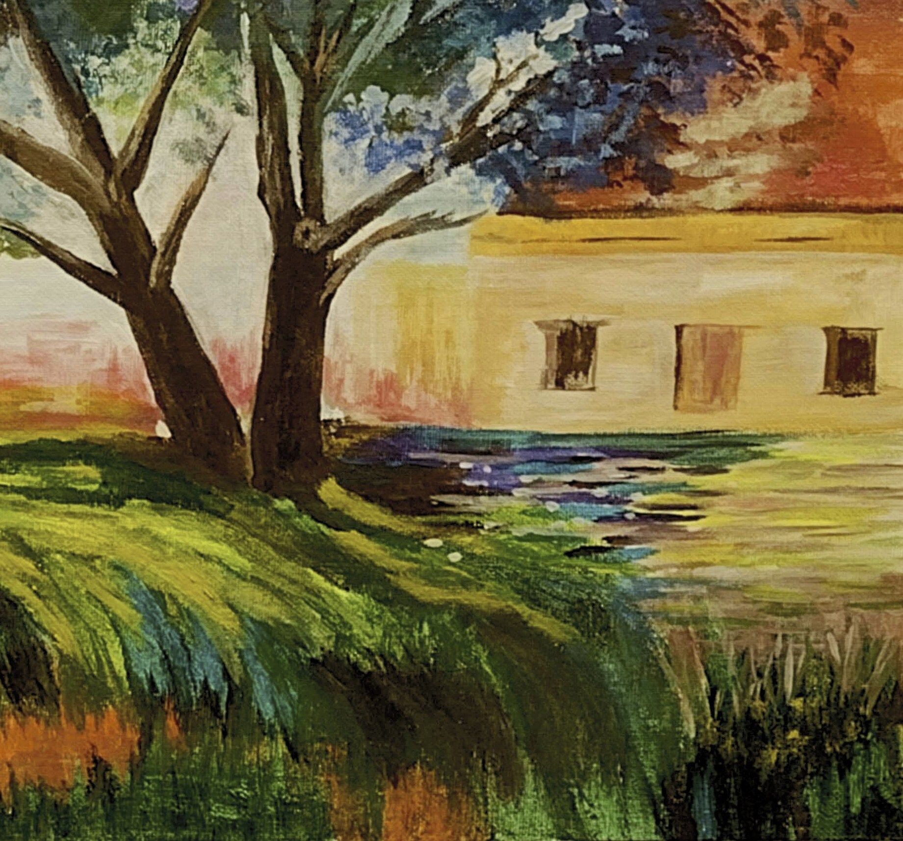 Colorful Tree, Country Side Painting, Tree With Home and River, Acrylic ...