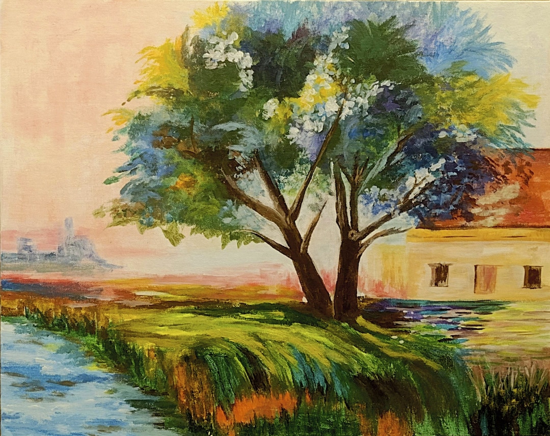 Colorful Tree, Country Side Painting, Tree With Home and River, Acrylic ...