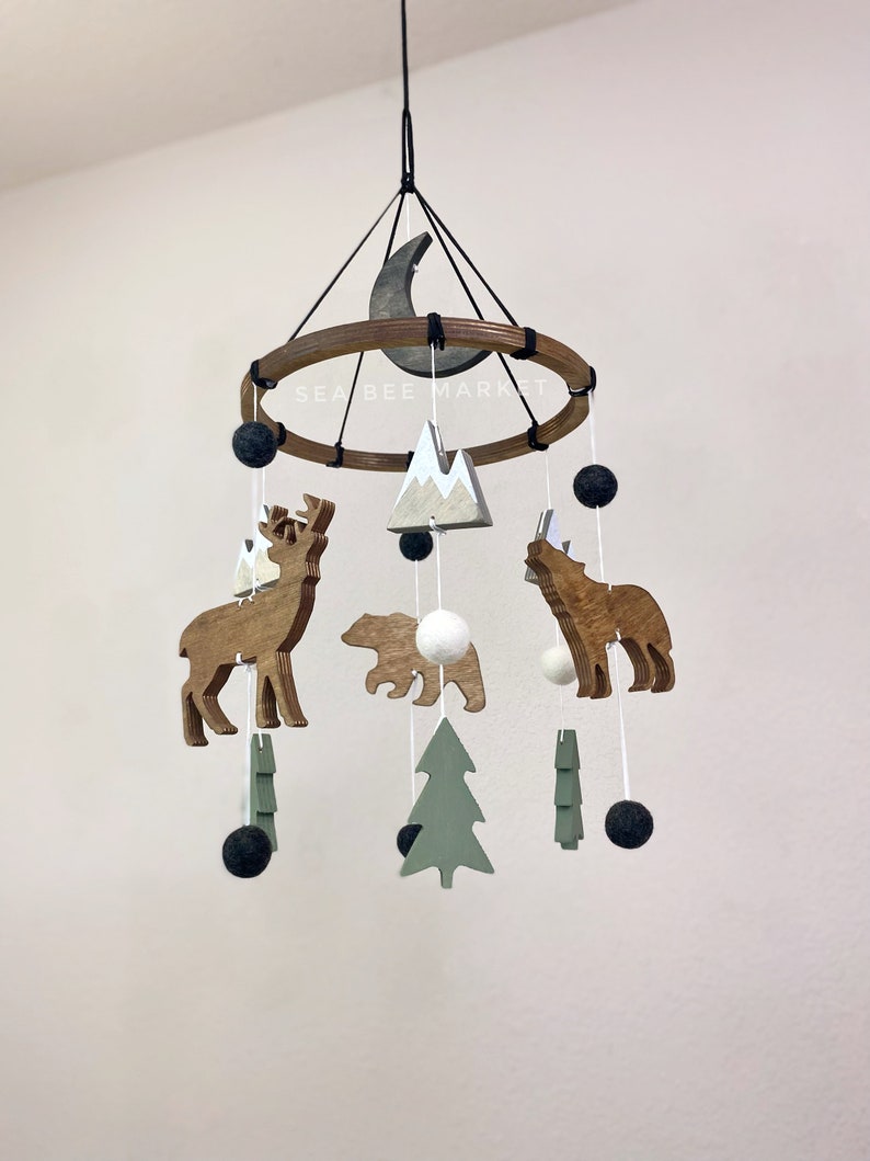 Winter Woodland Crib Mobile With Wolf Bear Deer Snow Capped - Etsy