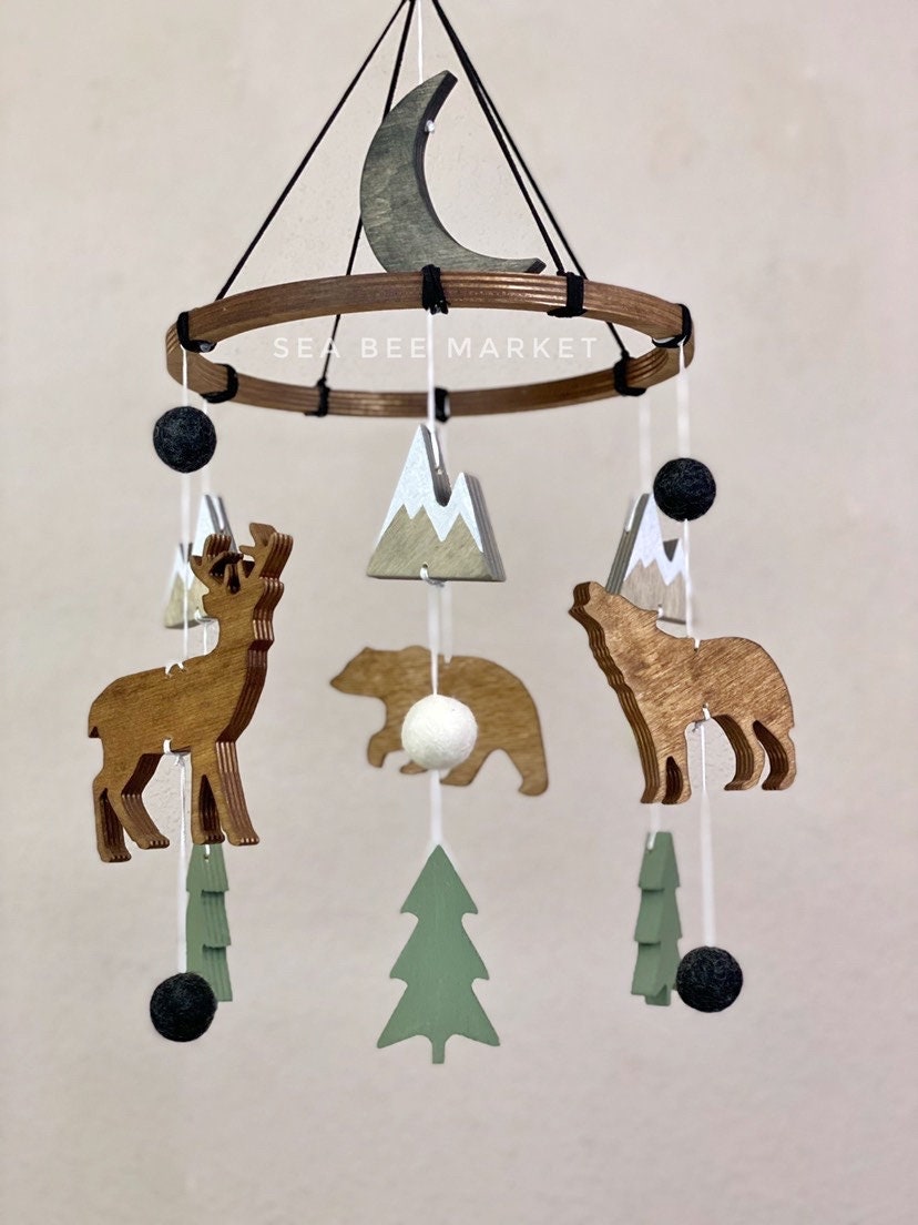 Winter Woodland Crib Mobile With Wolf Bear Deer Snow Capped - Etsy