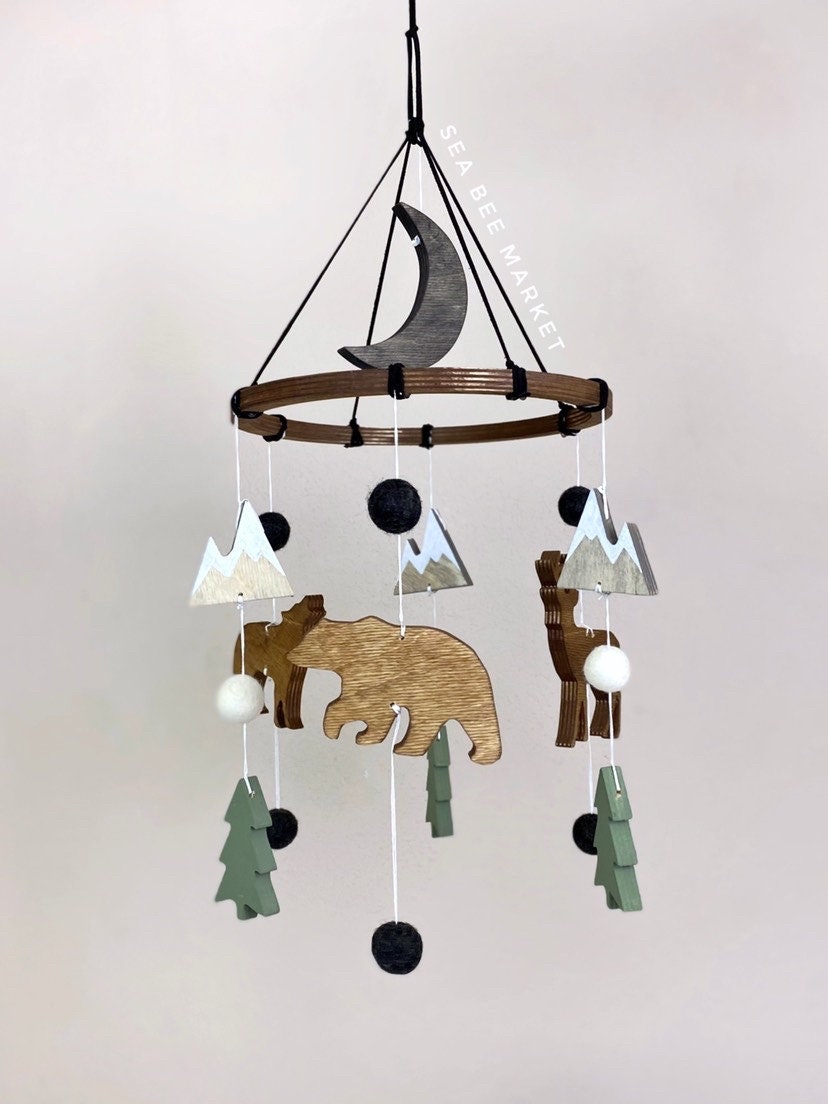 Winter Woodland Crib Mobile With Wolf Bear Deer Snow Capped - Etsy