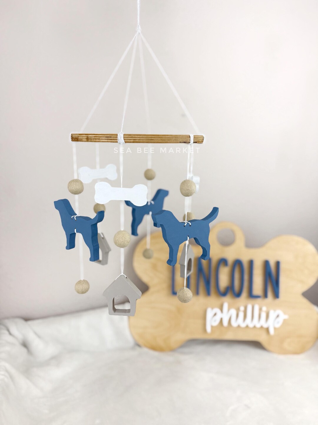 Puppy Crib Mobile: French Blue Dogs, Wooden Nursery Decor - Etsy