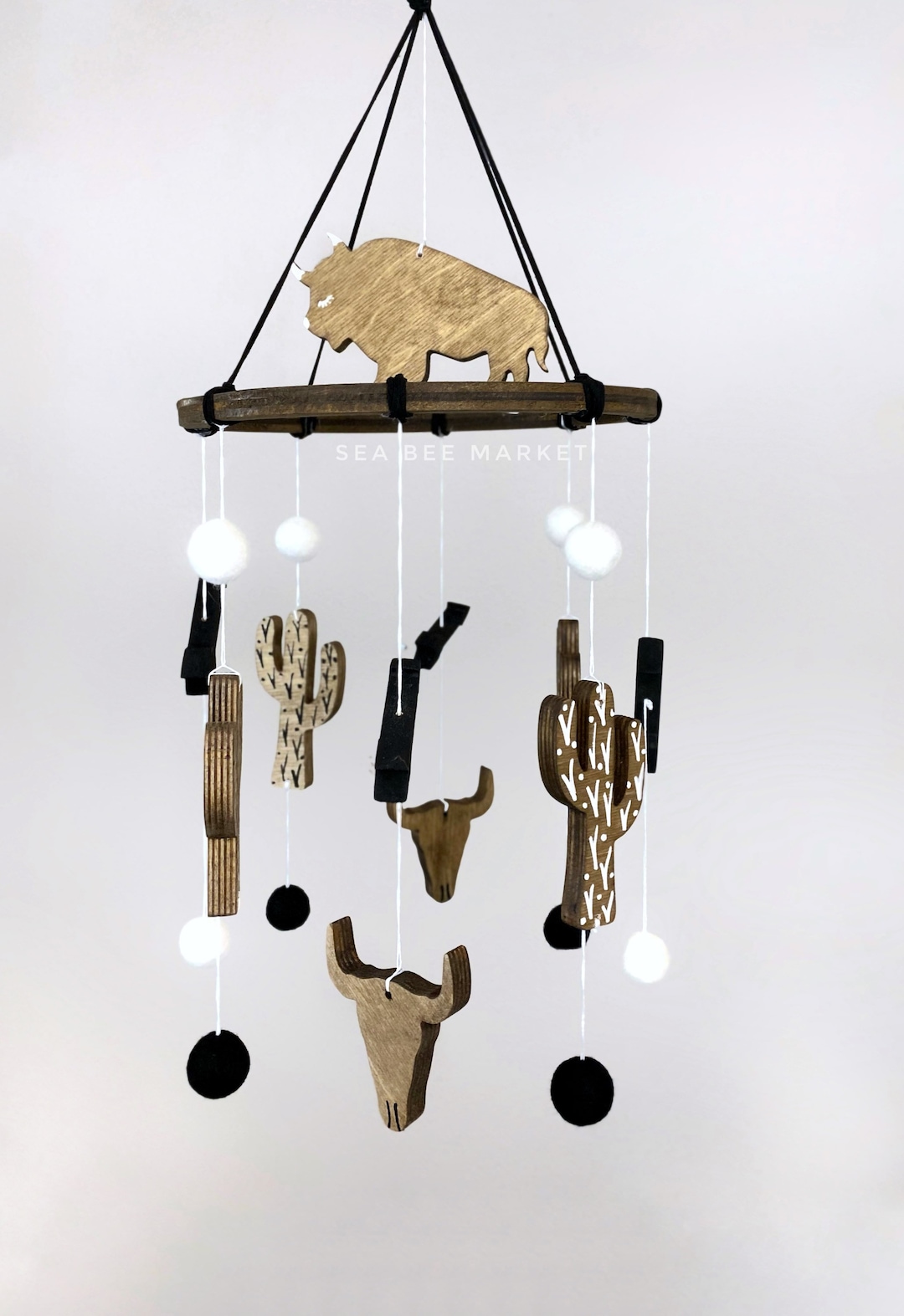 Wooden Buffalo Cactus and Arrows Mobile - Boho Bison Crib Mobile for ...