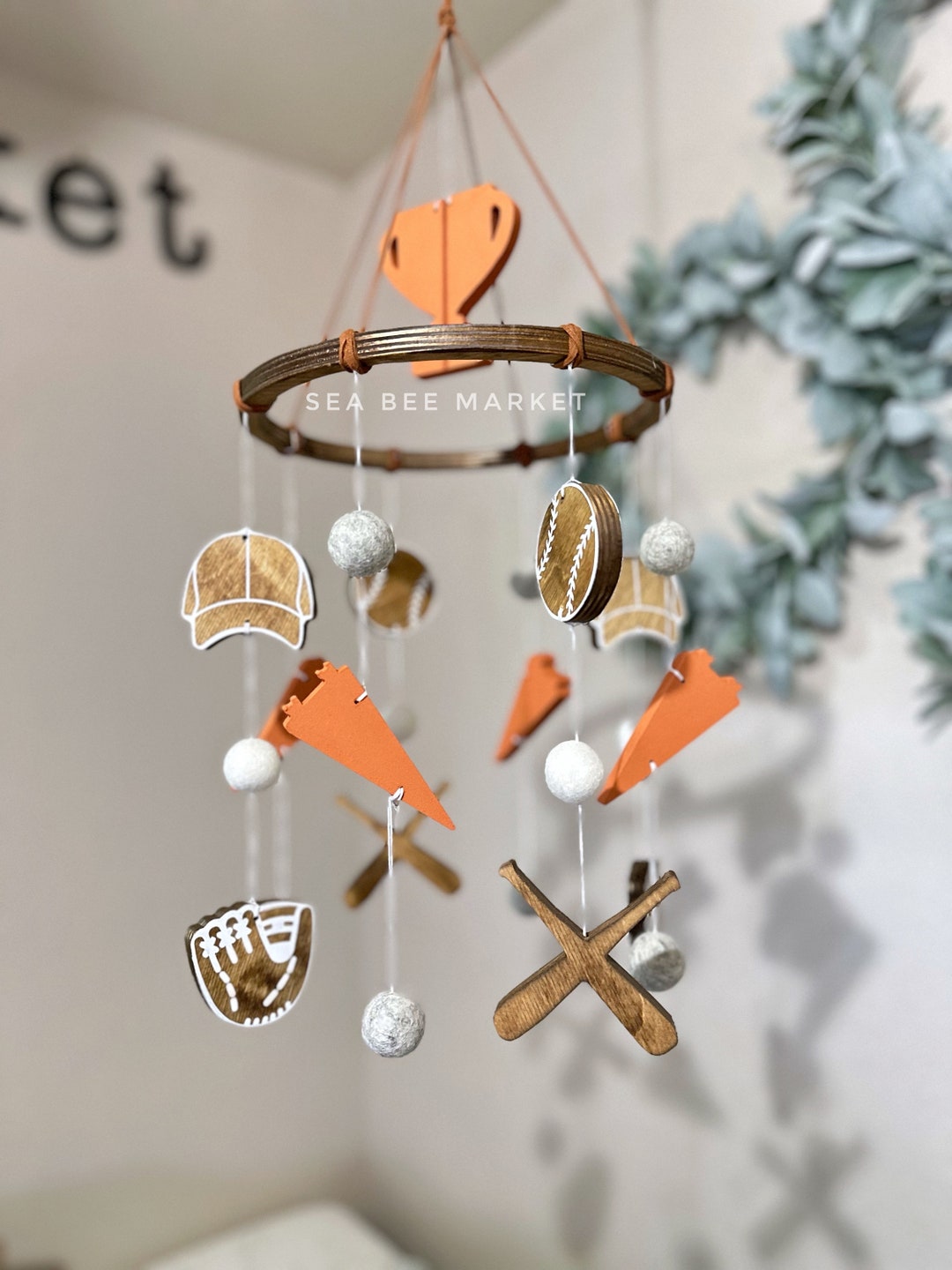 Baseball Crib Mobile: Wooden Bats, Mitts, Pennants - Sports Nursery ...