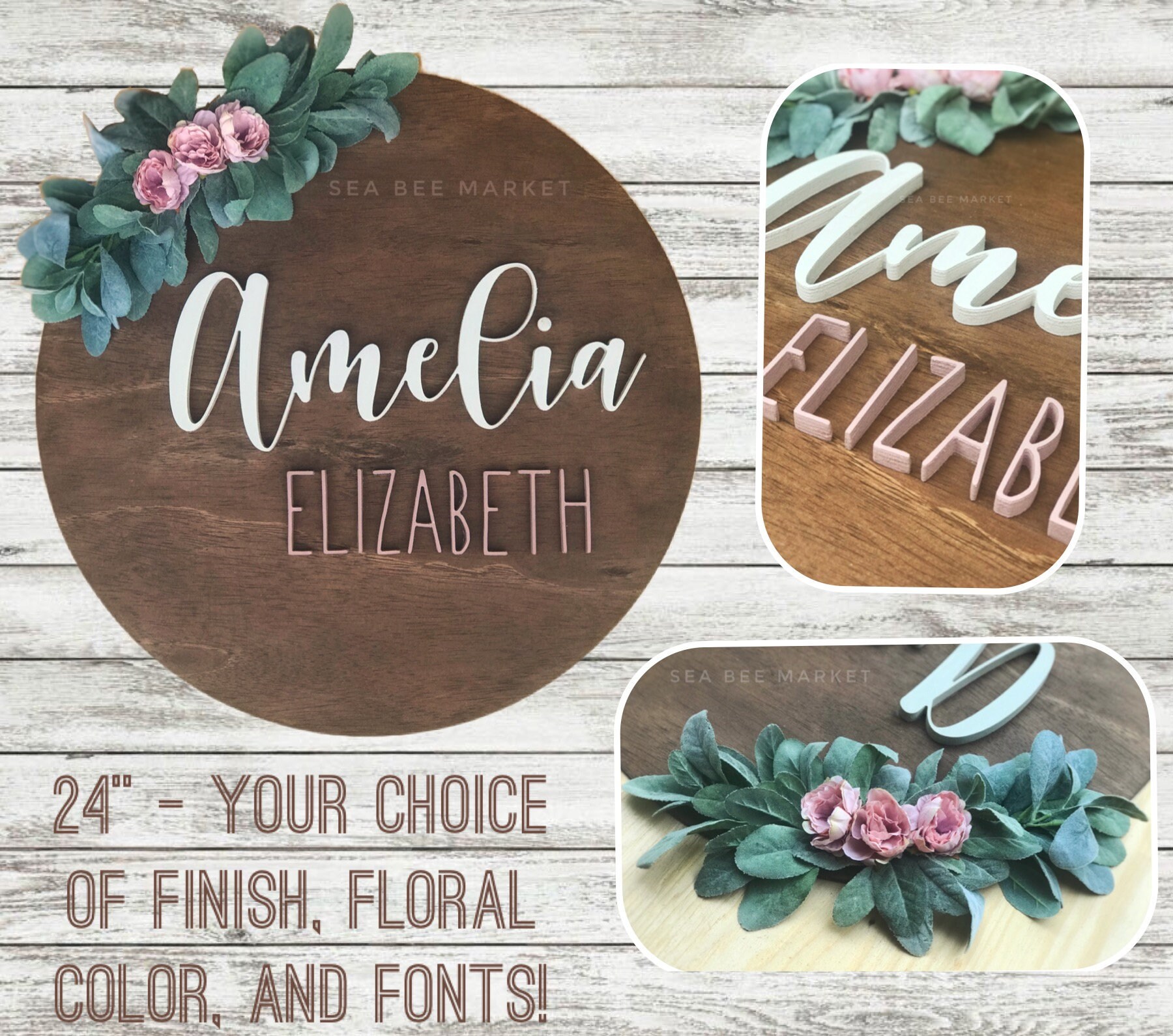 24 Circle Custom 3D Wood Cut Out Name Sign With Florals - Etsy