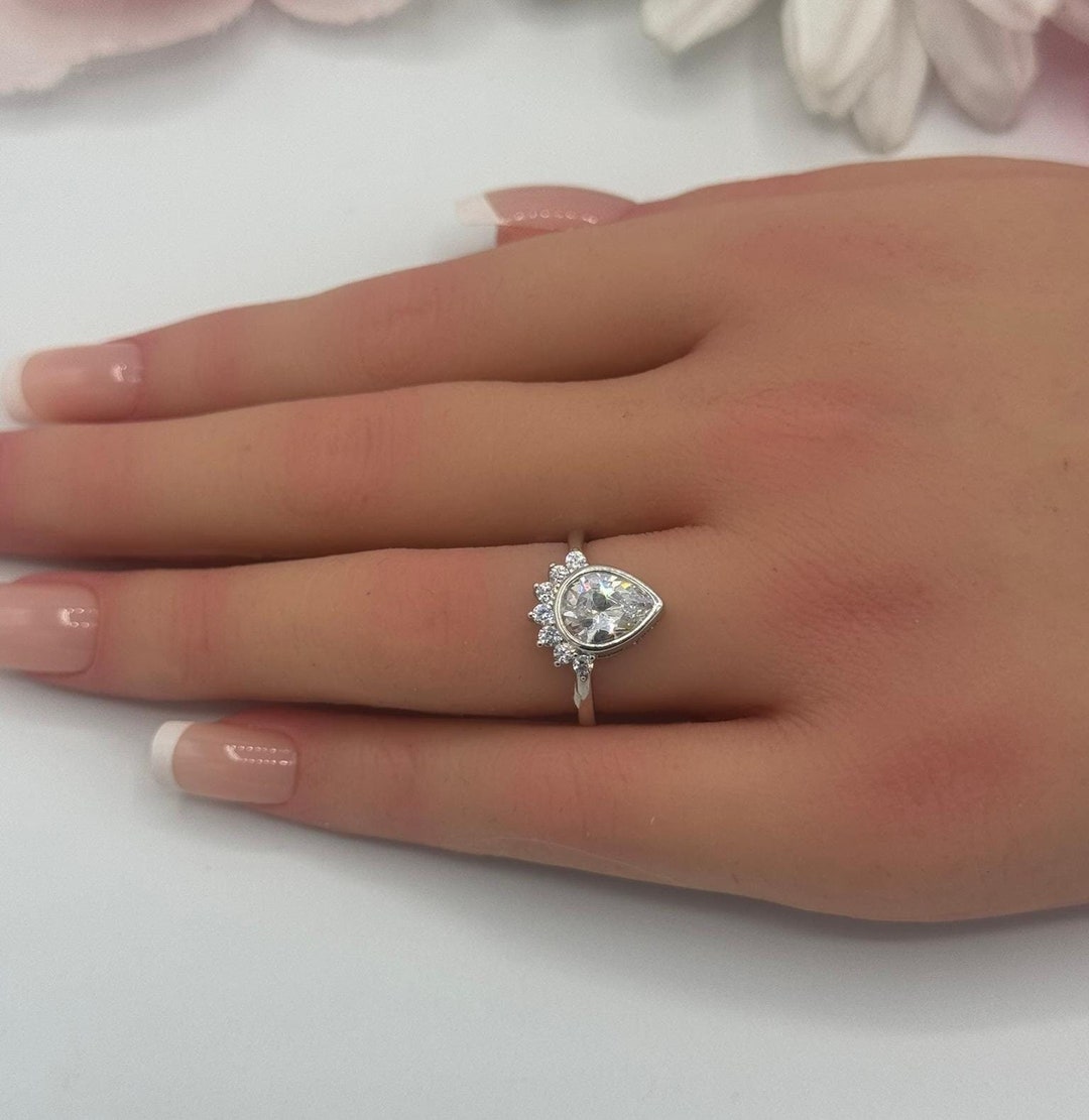 Bezel Pear CZ Engagement Ring, Art Deco Sterling Silver - Etsy