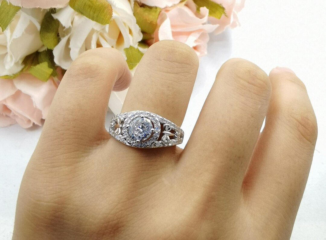 Art Deco Halo Dragonfly Engagement Bridal Ring 925 Sterling Silver ...