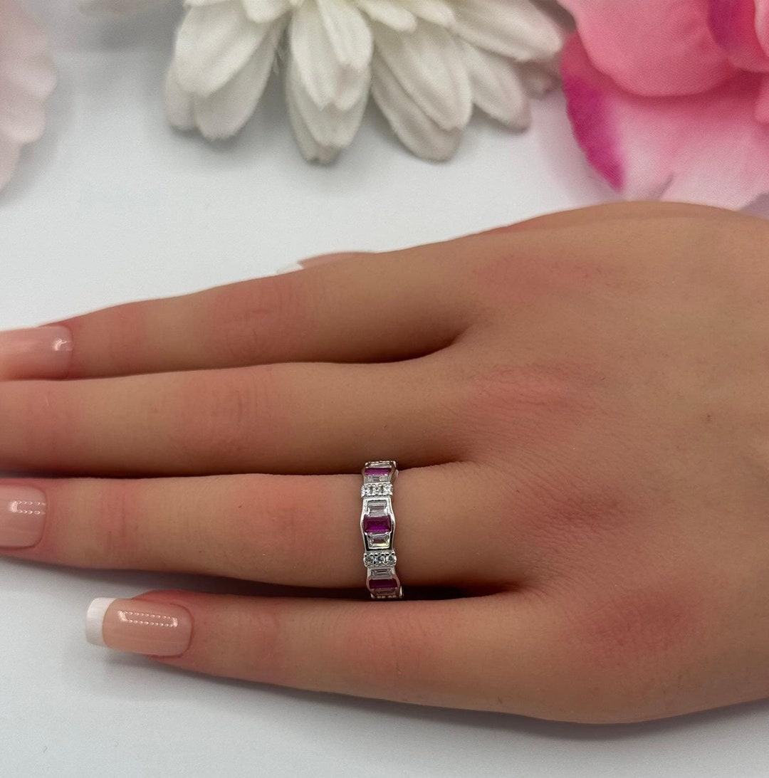 Ruby & Diamond CZ Art Deco Ring, Sterling Silver Eternity Band - Etsy