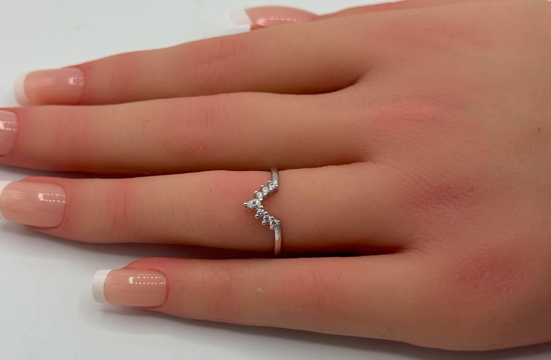 Curved Sterling Silver Simulated Diamond Ring, Art Deco Stackable Band ...
