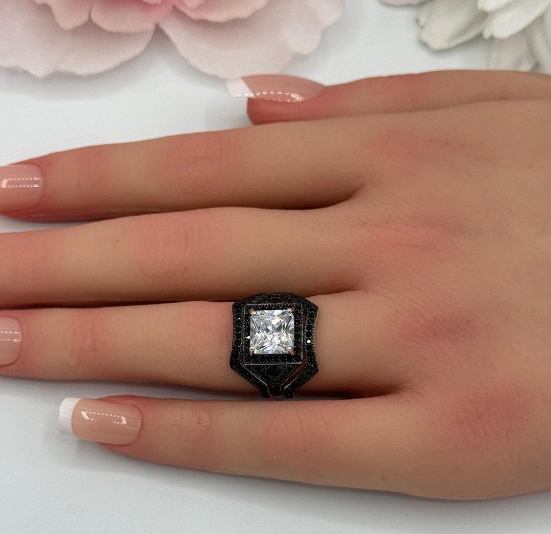 Art Deco Princess Cut Bridal Set: Sterling Silver Black Diamond CZ Ring ...