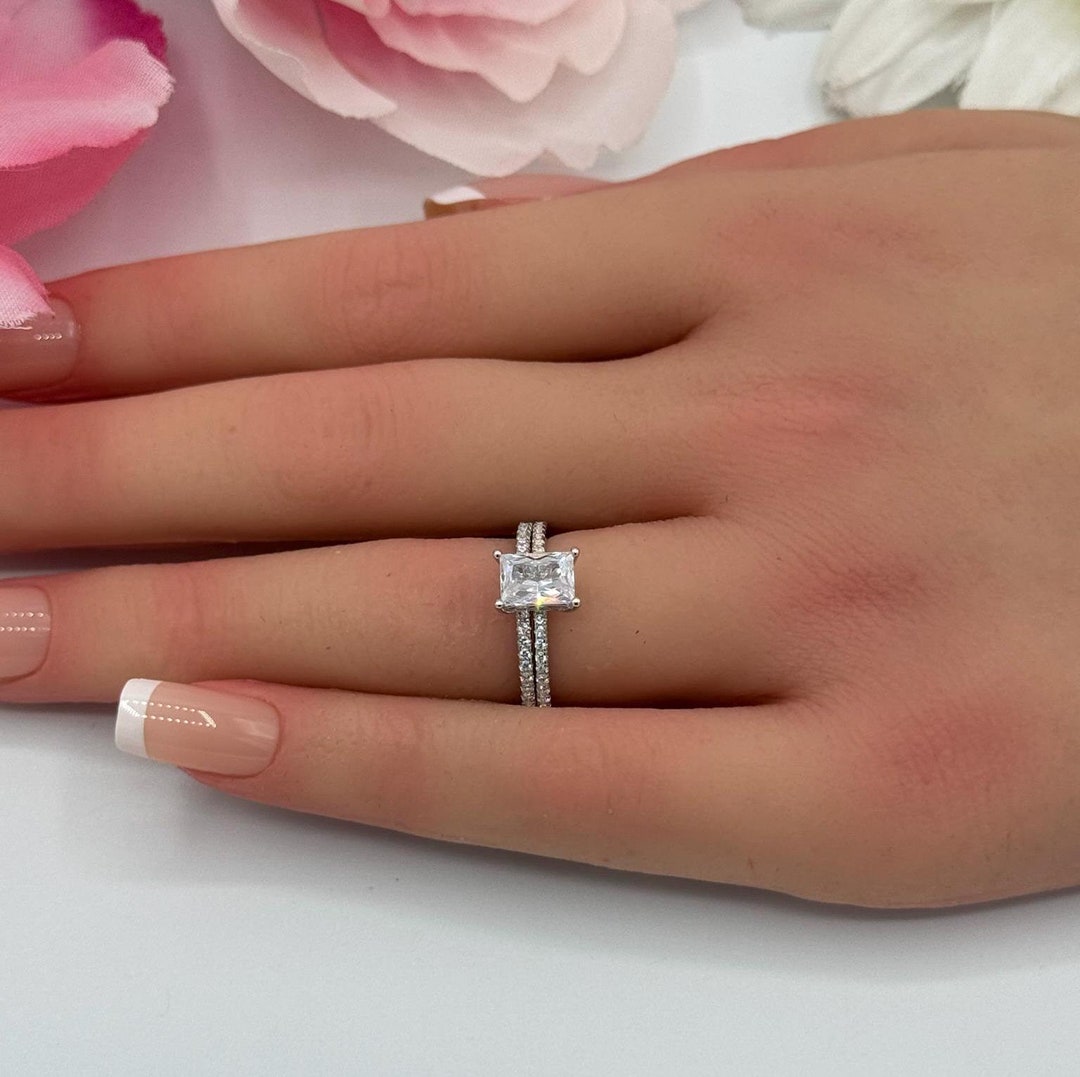Vintage Art Deco Sterling Silver Radiant Cut CZ Wedding Ring Set - Etsy