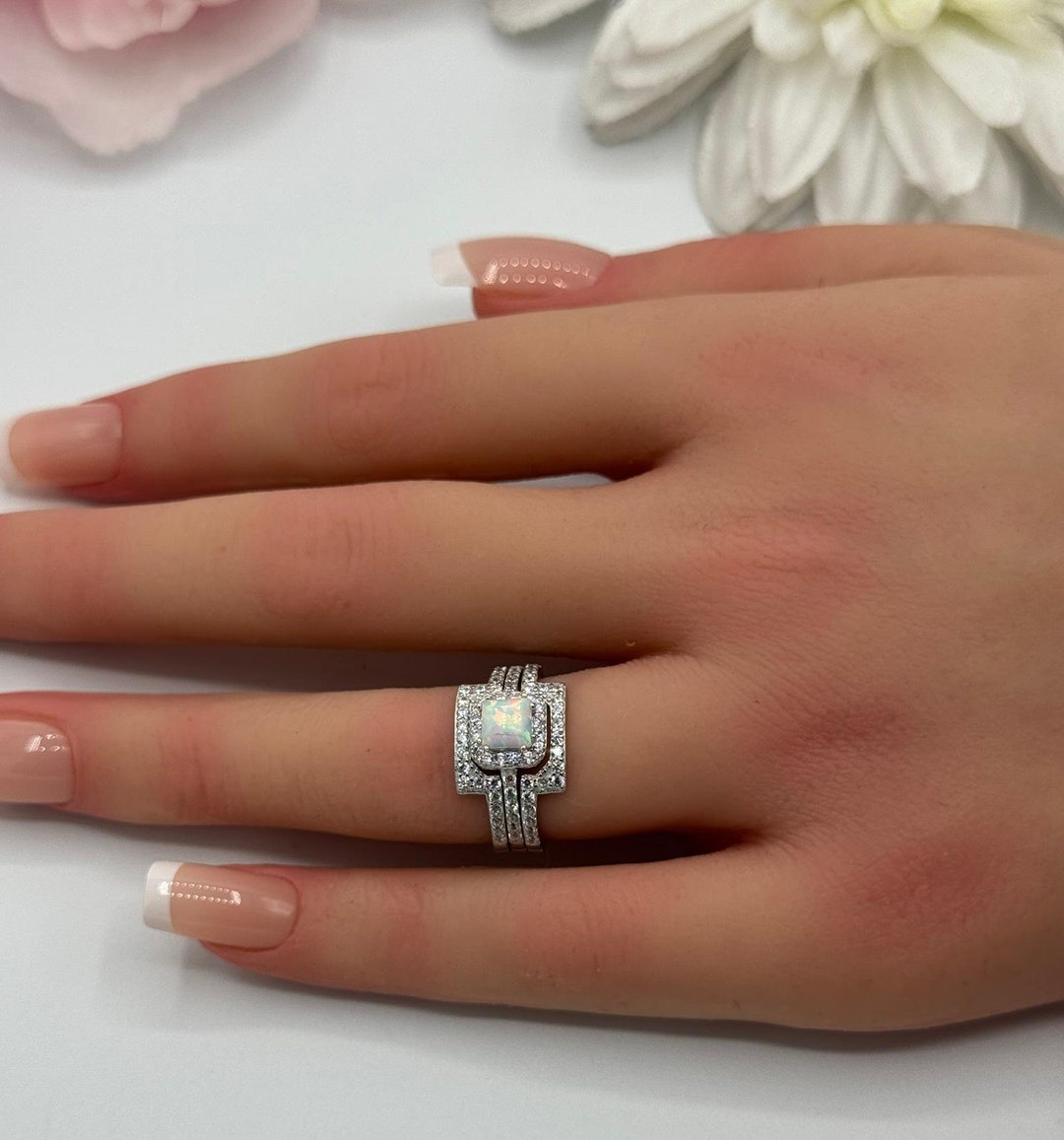Art Deco Princess Cut Bridal Set, Simulated Diamond, 925 Sterling ...