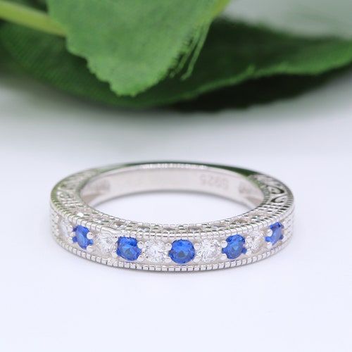 Gina 3ct Sapphire Blue Round CZ Encrusted Silver Band - Etsy