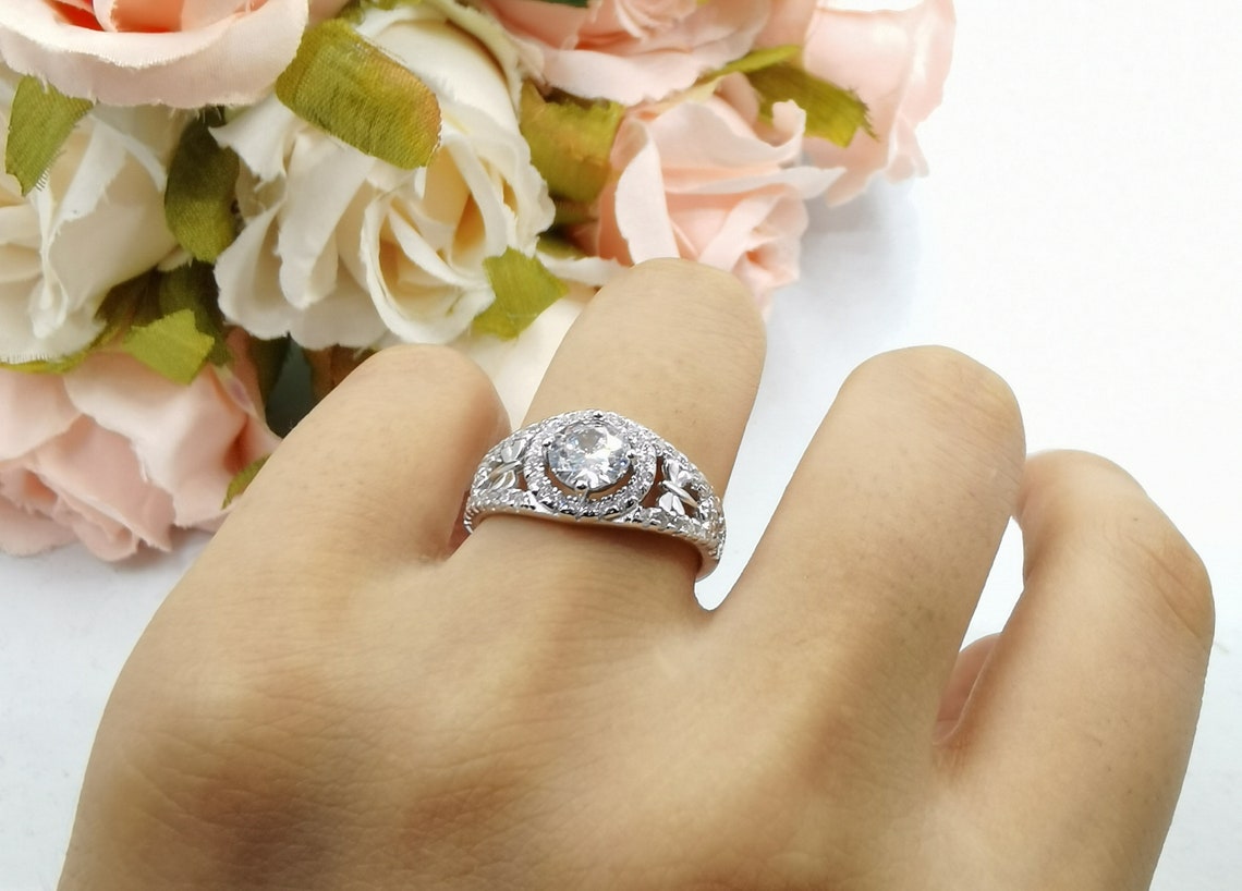 Art Deco Halo Dragonfly Engagement Bridal Ring 925 Sterling - Etsy