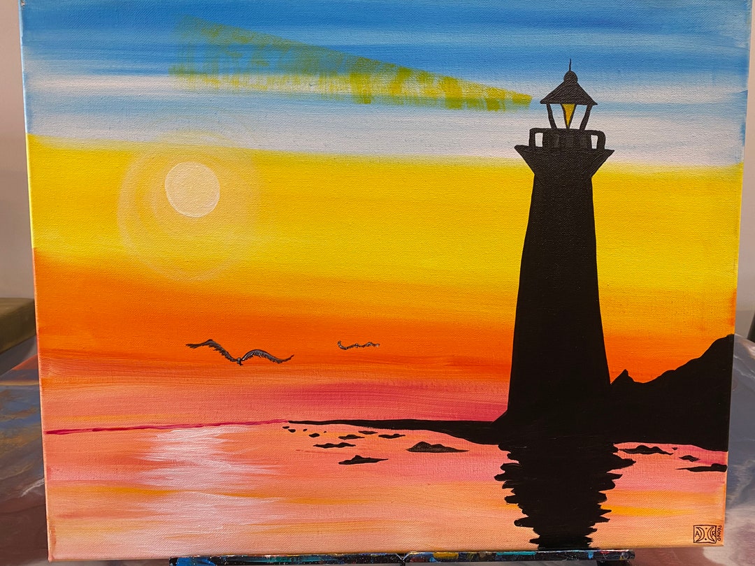 Colorful Original Handpainted Lighthouse in Acrylic on Canvas - Etsy