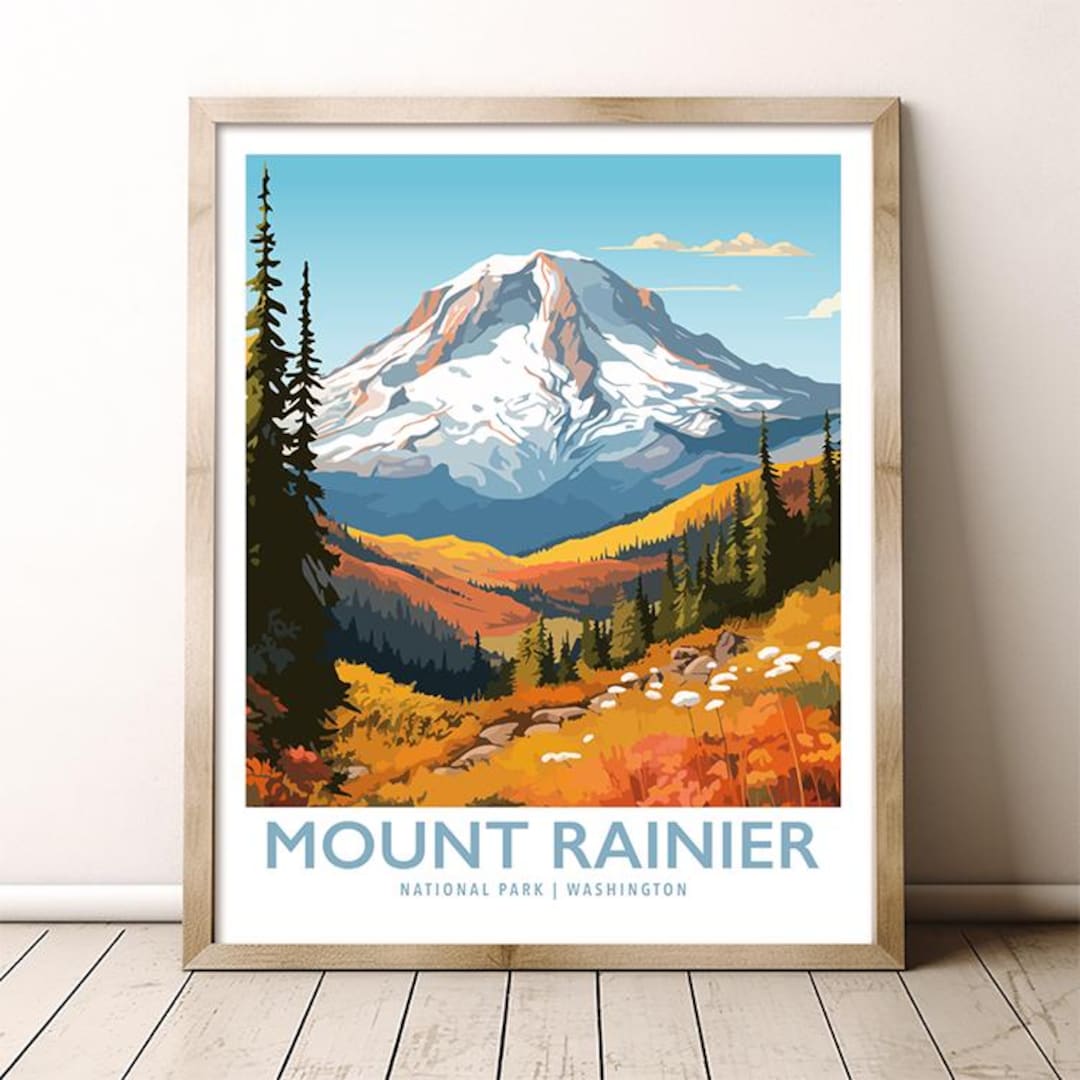 Mount Rainier National Park Washington Travel Print Gift Hiking Wall ...