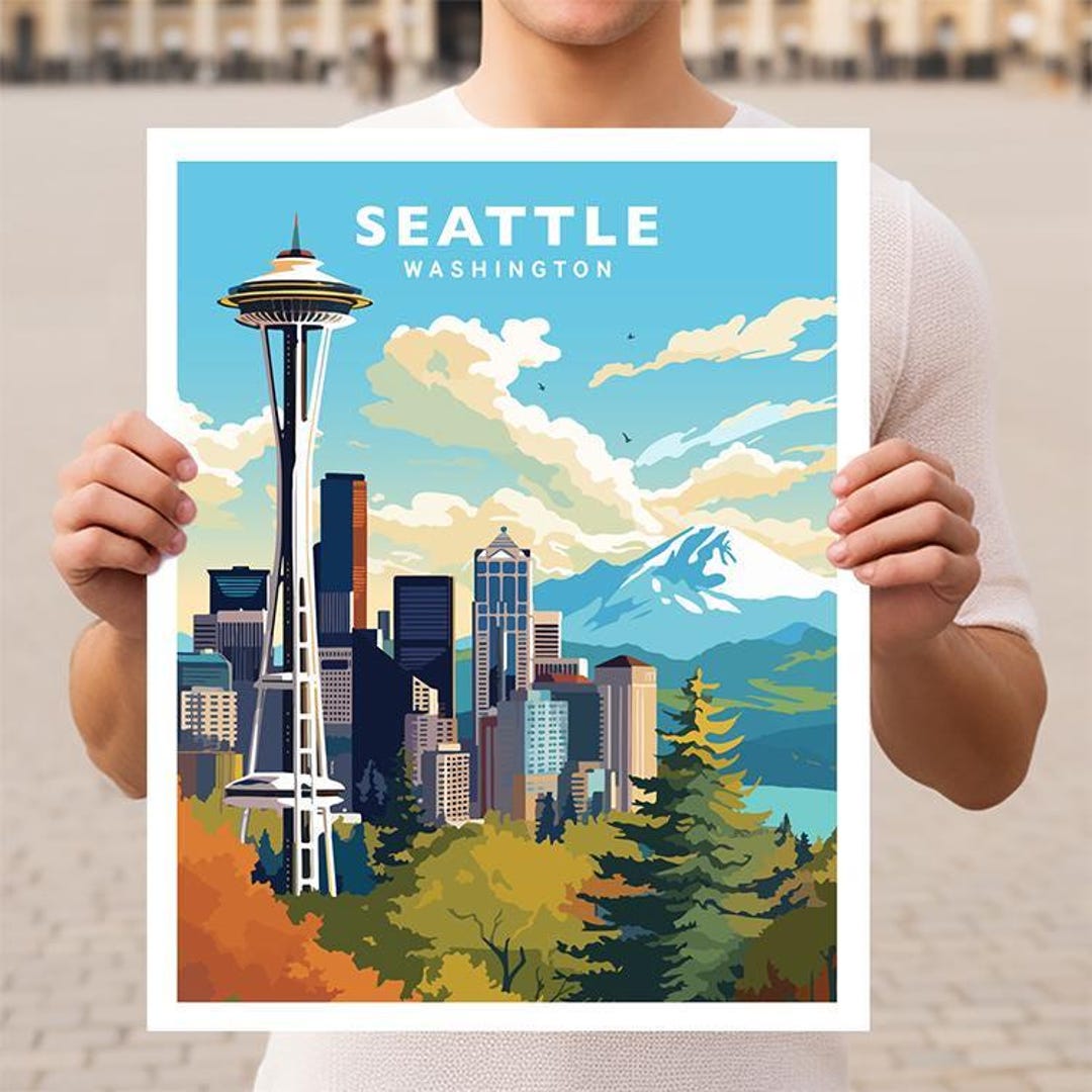 Seattle Washington Space Needle Mount Rainier Travel Wall Art Poster ...